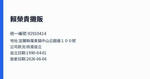 賴榮貴攤販的照片-統編 92910414(宜蘭縣) 公司登記資料與營業項目詳細圖表