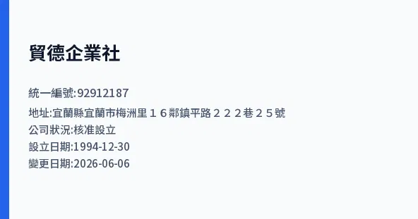 貿德企業社的照片-統編 92912187(宜蘭縣) 公司登記資料與營業項目詳細圖表