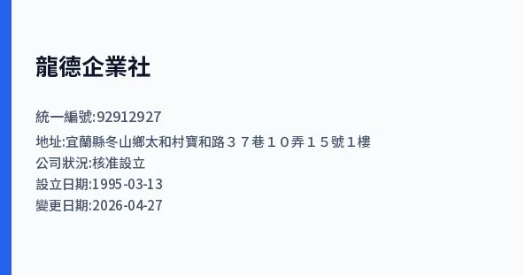 龍德企業社的照片-統編 92912927(宜蘭縣) 公司登記資料與營業項目詳細圖表