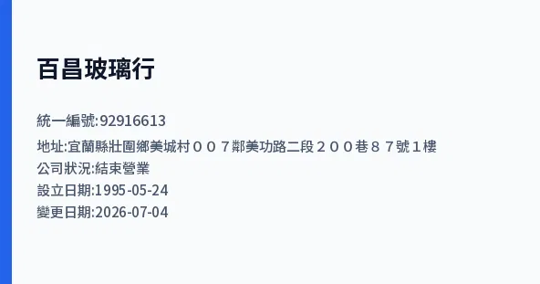 百昌玻璃行的照片-統編 92916613(宜蘭縣) 公司登記資料與營業項目詳細圖表
