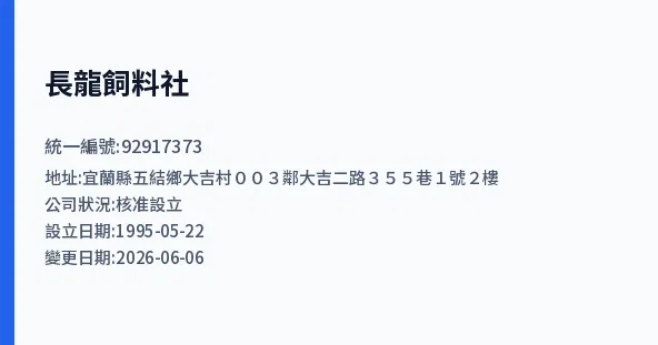 長龍飼料社的照片-統編 92917373(宜蘭縣) 公司登記資料與營業項目詳細圖表