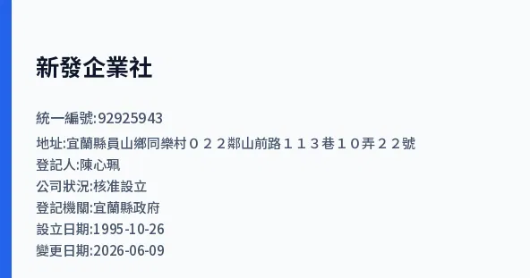 新發企業社的照片-統編 92925943(宜蘭縣) 公司登記資料與營業項目詳細圖表