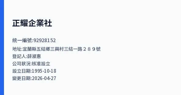 正耀企業社的照片-統編 92928152(宜蘭縣) 公司登記資料與營業項目詳細圖表