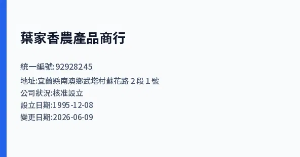 葉家香農產品商行的照片-統編 92928245(宜蘭縣) 公司登記資料與營業項目詳細圖表