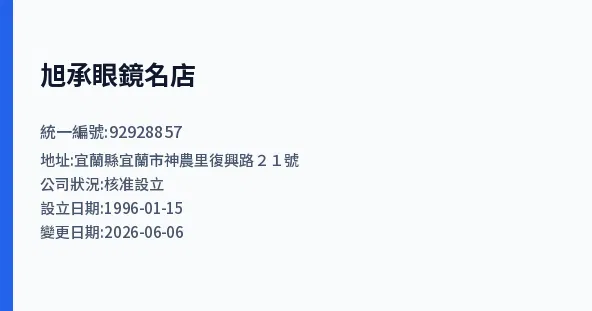 旭承眼鏡名店的照片-統編 92928857(宜蘭縣) 公司登記資料與營業項目詳細圖表