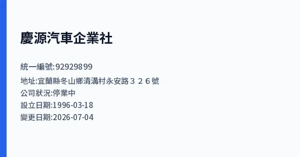 慶源汽車企業社的照片-統編 92929899(宜蘭縣) 公司登記資料與營業項目詳細圖表