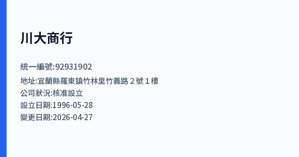 川大商行的照片-統編 92931902(宜蘭縣) 公司登記資料與營業項目詳細圖表