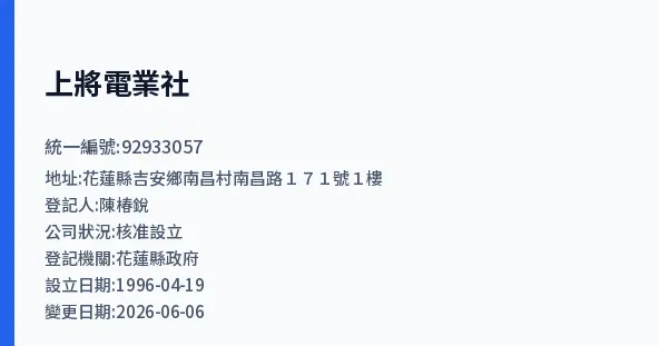 上將電業社的照片-統編 92933057(花蓮縣) 公司登記資料與營業項目詳細圖表