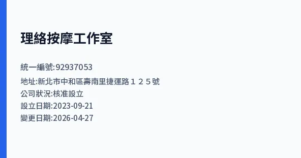 理絡按摩工作室的照片-統編 92937053(新北市) 公司登記資料與營業項目詳細圖表