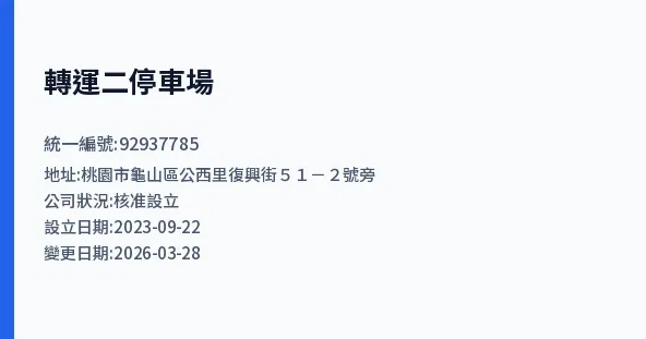 轉運二停車場的照片-統編 92937785(桃園市) 公司登記資料與營業項目詳細圖表