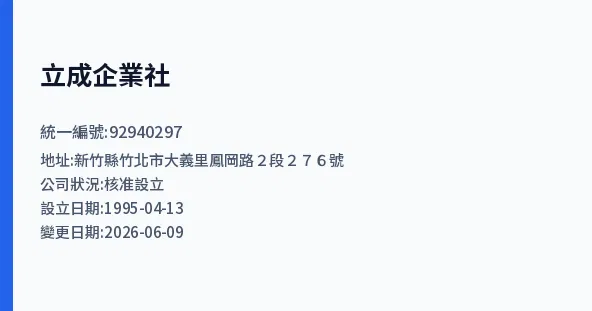 立成企業社的照片-統編 92940297(新竹縣) 公司登記資料與營業項目詳細圖表