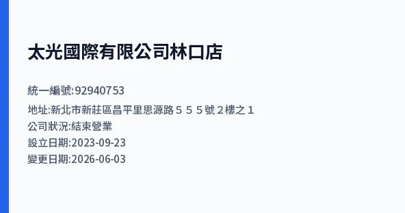 太光國際有限公司林口店的照片-統編 92940753(新北市) 公司登記資料與營業項目詳細圖表