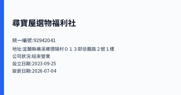 尋寶屋選物福利社的照片-統編 92942041(宜蘭縣) 公司登記資料與營業項目詳細圖表