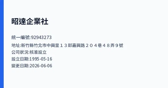 昭達企業社的照片-統編 92943273(新竹縣) 公司登記資料與營業項目詳細圖表