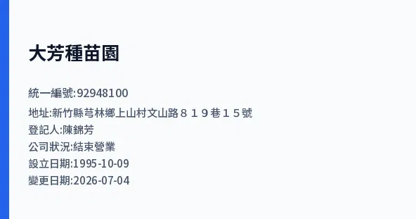 大芳種苗園的照片-統編 92948100(新竹縣) 公司登記資料與營業項目詳細圖表