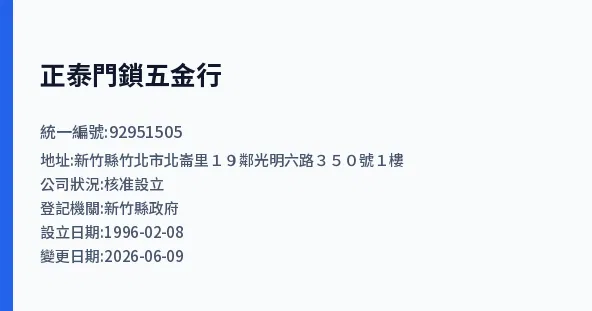 正泰門鎖五金行的照片-統編 92951505(新竹縣) 公司登記資料與營業項目詳細圖表