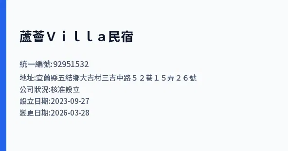蘆薈Villa民宿的照片-統編 92951532(宜蘭縣) 公司登記資料與營業項目詳細圖表