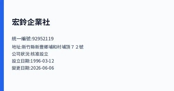 宏鈴企業社的照片-統編 92952119(新竹縣) 公司登記資料與營業項目詳細圖表