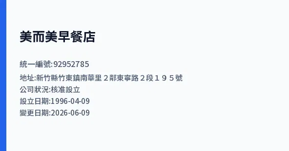 美而美早餐店的照片-統編 92952785(新竹縣) 公司登記資料與營業項目詳細圖表