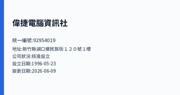 偉捷電腦資訊社的照片-統編 92954019(新竹縣) 公司登記資料與營業項目詳細圖表
