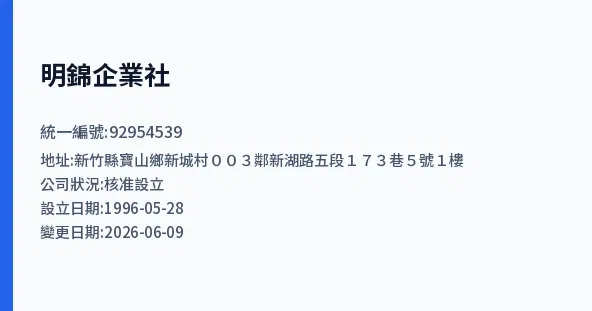 明錦企業社的照片-統編 92954539(新竹縣) 公司登記資料與營業項目詳細圖表