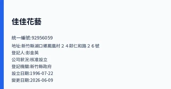 佳佳花藝的照片-統編 92956059(新竹縣) 公司登記資料與營業項目詳細圖表