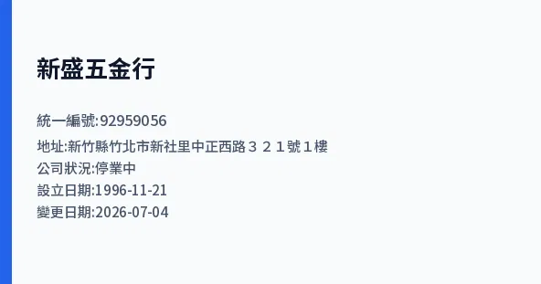 新盛五金行的照片-統編 92959056(新竹縣) 公司登記資料與營業項目詳細圖表