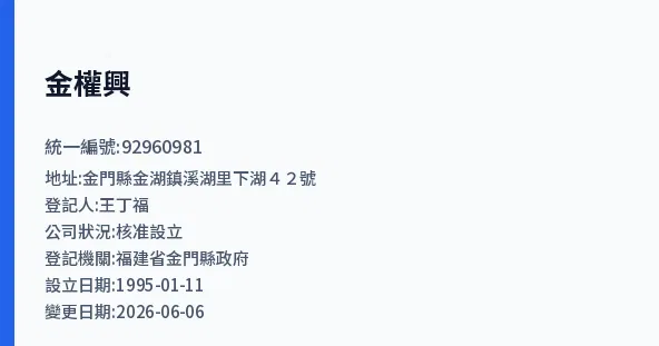 金權興的照片-統編 92960981(金門縣) 公司登記資料與營業項目詳細圖表