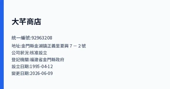 大芊商店的照片-統編 92963208(金門縣) 公司登記資料與營業項目詳細圖表