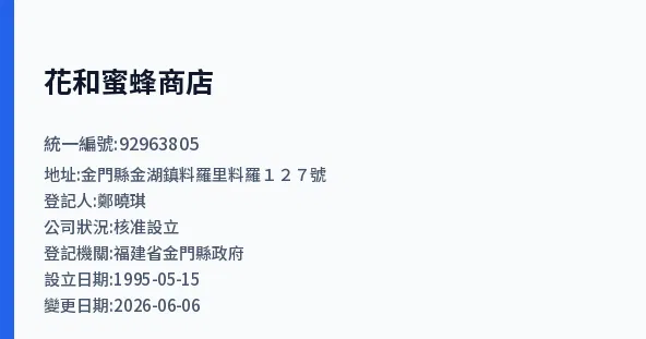 花和蜜蜂商店的照片-統編 92963805(金門縣) 公司登記資料與營業項目詳細圖表