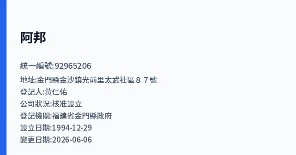 阿邦的照片-統編 92965206(金門縣) 公司登記資料與營業項目詳細圖表