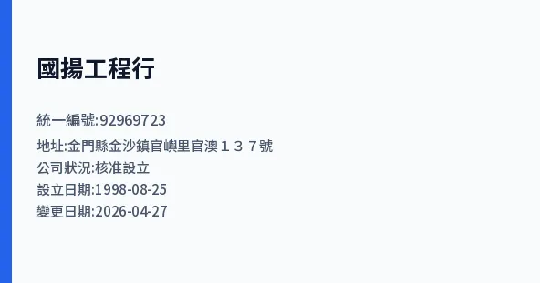 國揚工程行的照片-統編 92969723(金門縣) 公司登記資料與營業項目詳細圖表