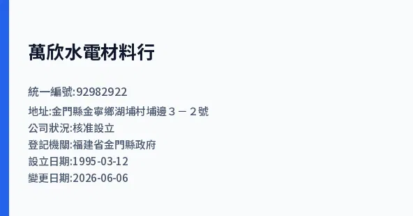 萬欣水電材料行的照片-統編 92982922(金門縣) 公司登記資料與營業項目詳細圖表