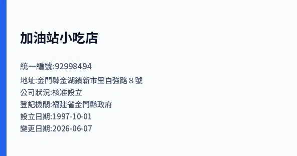 加油站小吃店的照片-統編 92998494(金門縣) 公司登記資料與營業項目詳細圖表