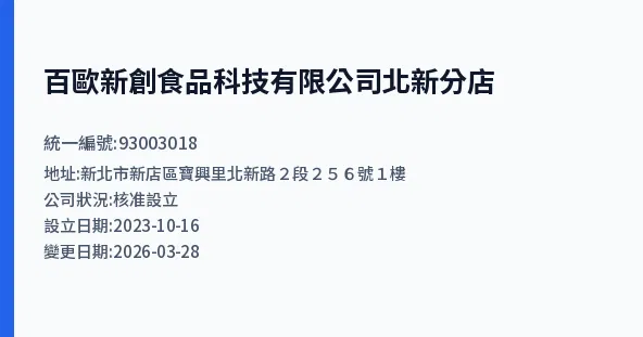 百歐新創食品科技有限公司北新分店的照片-統編 93003018(新北市) 公司登記資料與營業項目詳細圖表