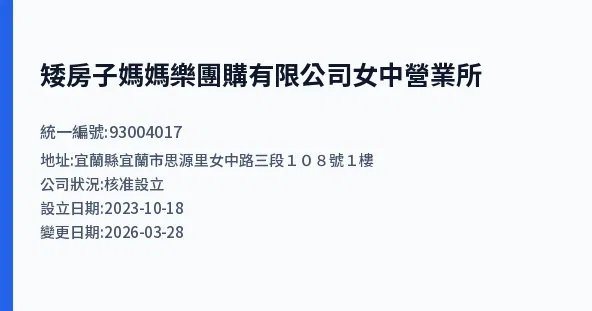 矮房子媽媽樂團購有限公司女中營業所的照片-統編 93004017(宜蘭縣) 公司登記資料與營業項目詳細圖表