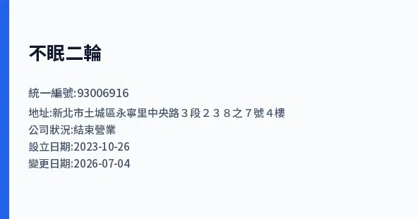 不眠二輪的照片-統編 93006916(新北市) 公司登記資料與營業項目詳細圖表