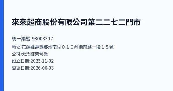 來來超商股份有限公司第二二七二門市的照片-統編 93008317(花蓮縣) 公司登記資料與營業項目詳細圖表