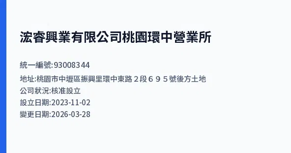 浤睿興業有限公司桃園環中營業所的照片-統編 93008344(桃園市) 公司登記資料與營業項目詳細圖表