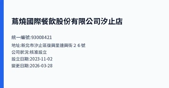蔦燒國際餐飲股份有限公司汐止店的照片-統編 93008421(新北市) 公司登記資料與營業項目詳細圖表
