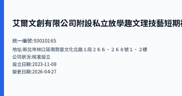 艾爾文創有限公司附設私立放學趣文理技藝短期補習班的照片-統編 93010165(新北市) 公司登記資料與營業項目詳細圖表