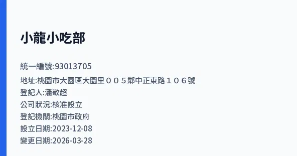 小龍小吃部的照片-統編 93013705(桃園市) 公司登記資料與營業項目詳細圖表