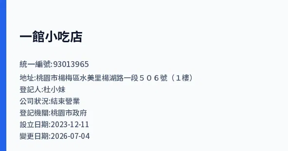 一館小吃店的照片-統編 93013965(桃園市) 公司登記資料與營業項目詳細圖表