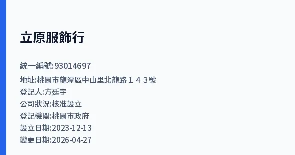 立原服飾行的照片-統編 93014697(桃園市) 公司登記資料與營業項目詳細圖表