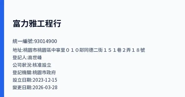 富力雅工程行的照片-統編 93014900(桃園市) 公司登記資料與營業項目詳細圖表