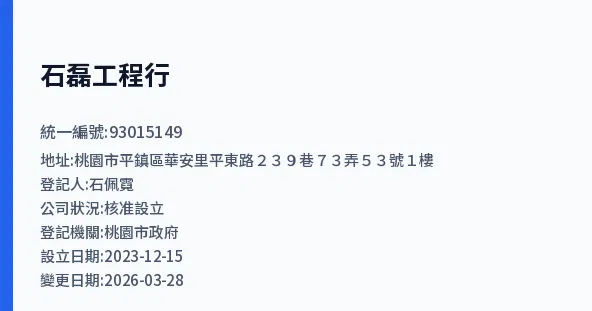 石磊工程行的照片-統編 93015149(桃園市) 公司登記資料與營業項目詳細圖表