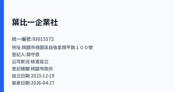 葉比一企業社的照片-統編 93015372(桃園市) 公司登記資料與營業項目詳細圖表