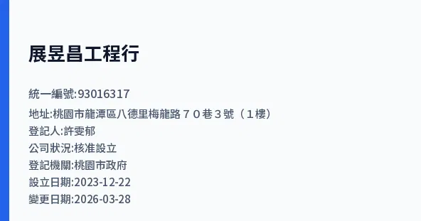 展昱昌工程行的照片-統編 93016317(桃園市) 公司登記資料與營業項目詳細圖表