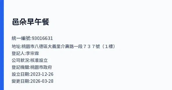 邑朵早午餐的照片-統編 93016631(桃園市) 公司登記資料與營業項目詳細圖表