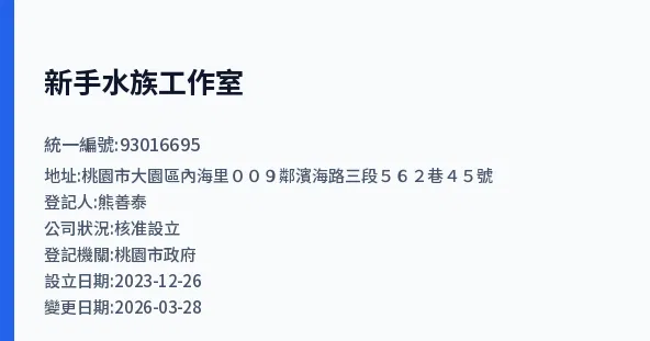 新手水族工作室的照片-統編 93016695(桃園市) 公司登記資料與營業項目詳細圖表